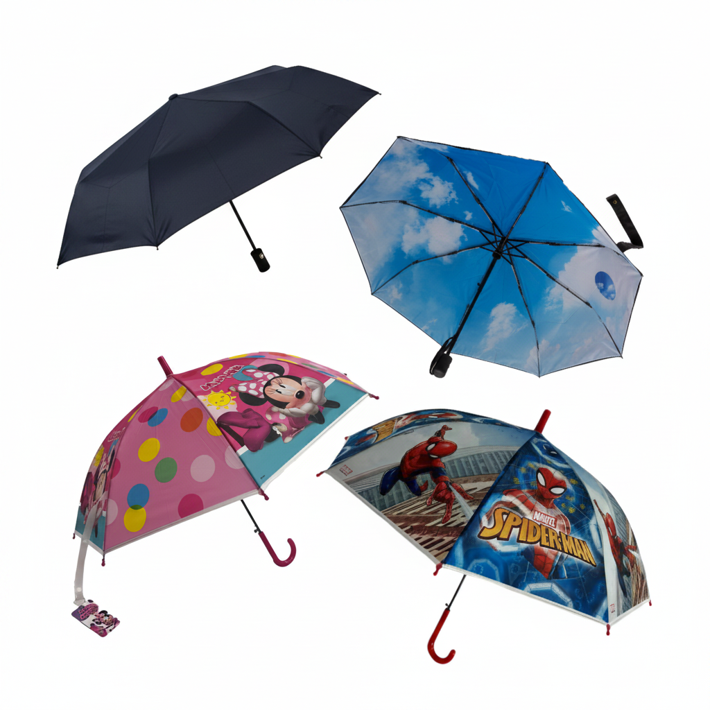 Combo 4 Paraguas: 2 Adultos, 1 Minnie, 1 Spiderman | Tienda Copec